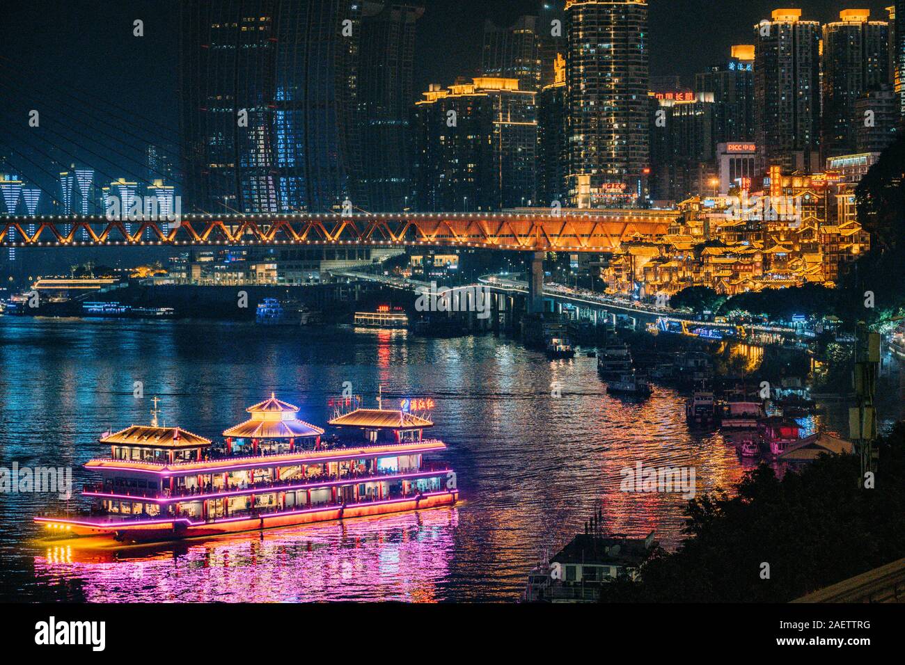 A wonderful night view of Hongya Cave, a ancient architecture on the ...