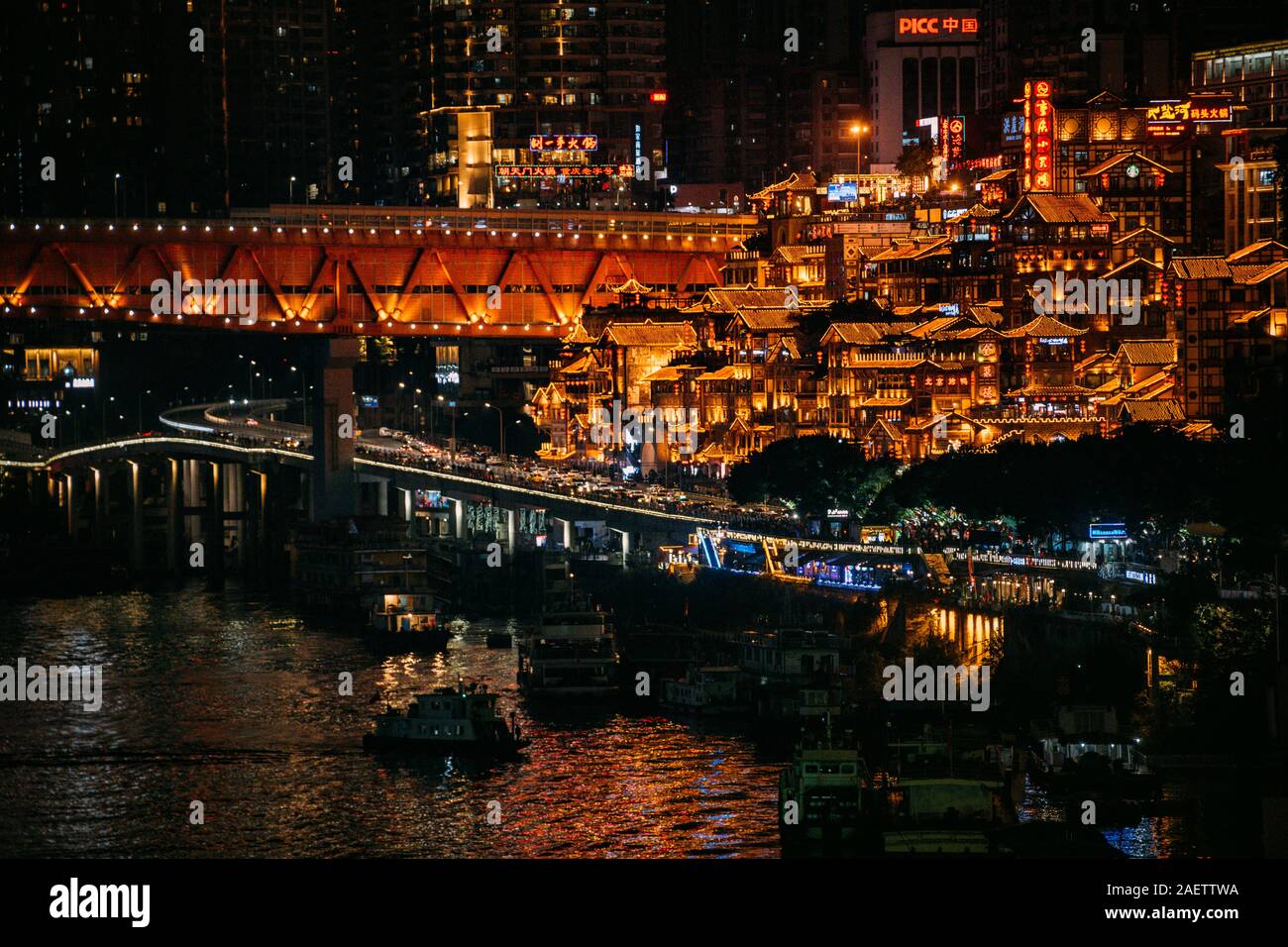 A wonderful night view of Hongya Cave, a ancient architecture on the ...
