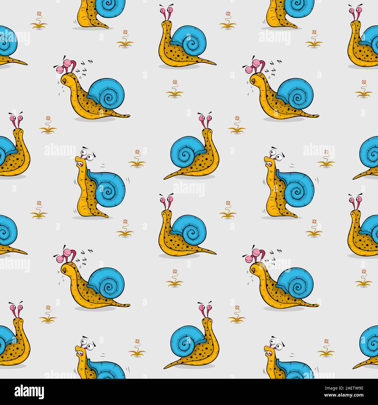 Seamless pattern cartoon snail different emotions on white background ...