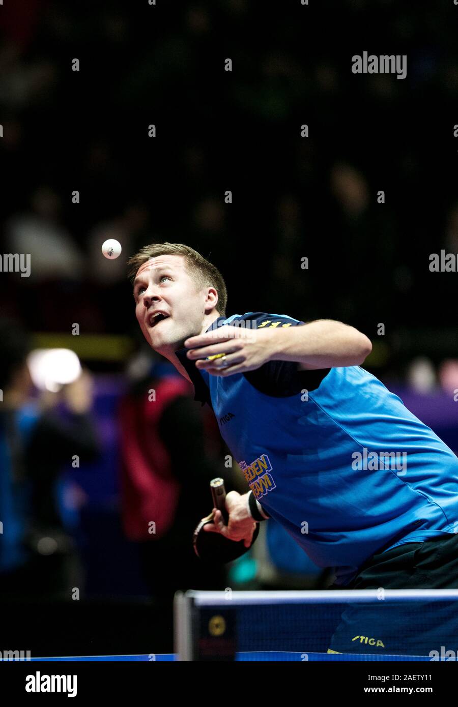 Falck Mattias of Sweden gets the ball against Ovtcharov Dimitrij of ...
