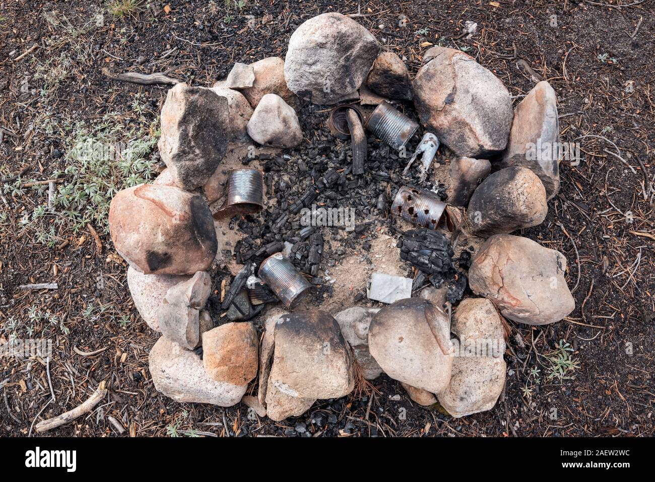 Garbage left in a campfire ring, Sawtooth Mountains, Idaho Stock Photo ...