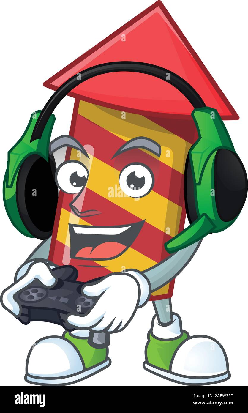 Gamer red stripes fireworks rocket cartoon character with headphone and ...