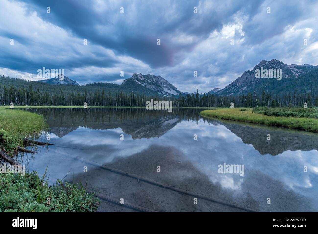 McDonald Lake at the base of the Sawtooth Mountains, Idaho Stock Photo ...