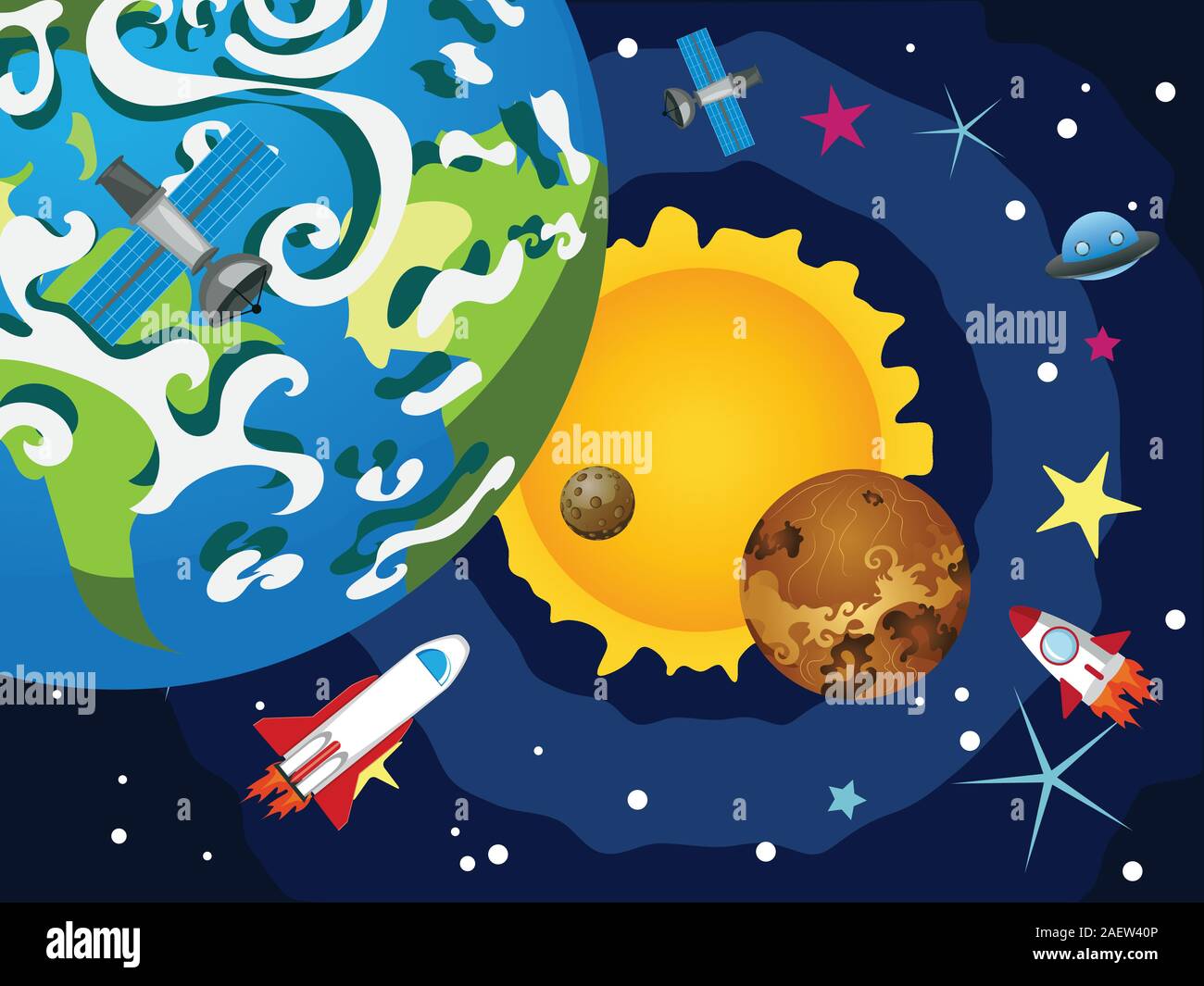 Cartoon planet Earth in open space with satellites Stock Vector Image ...
