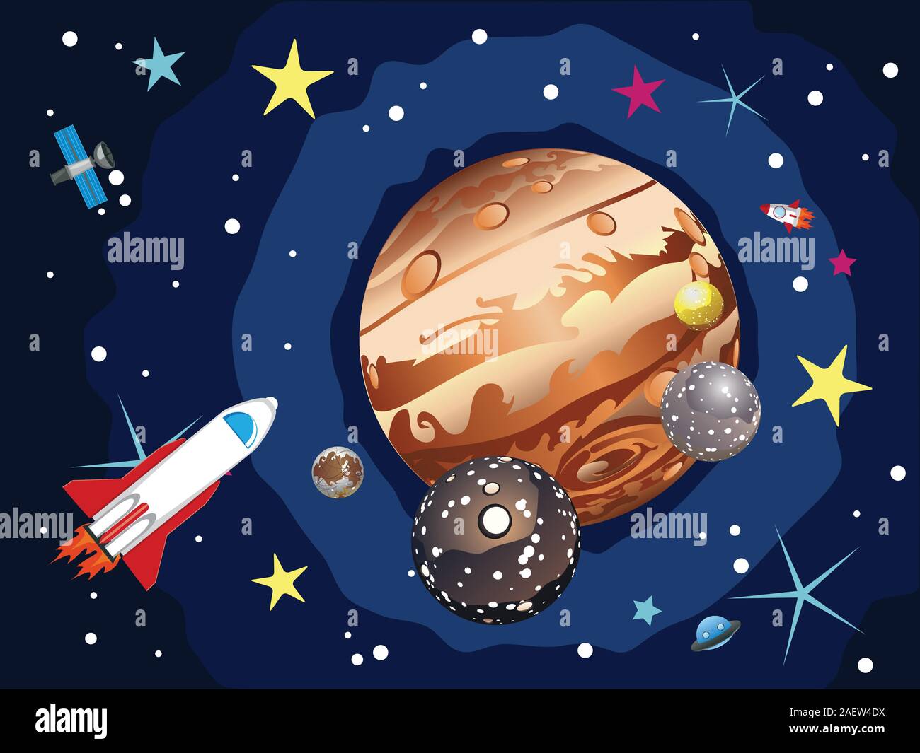 Cartoon planet Jupiter in the space with stars and shuttles Stock ...
