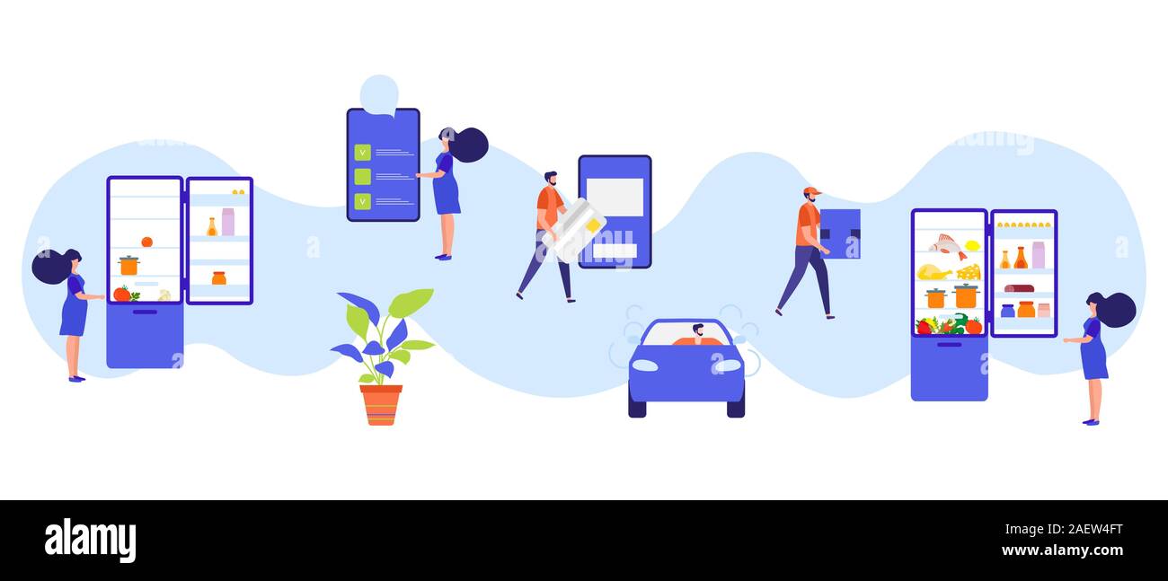 Vector illustration with people order foods, drinks in the application ...