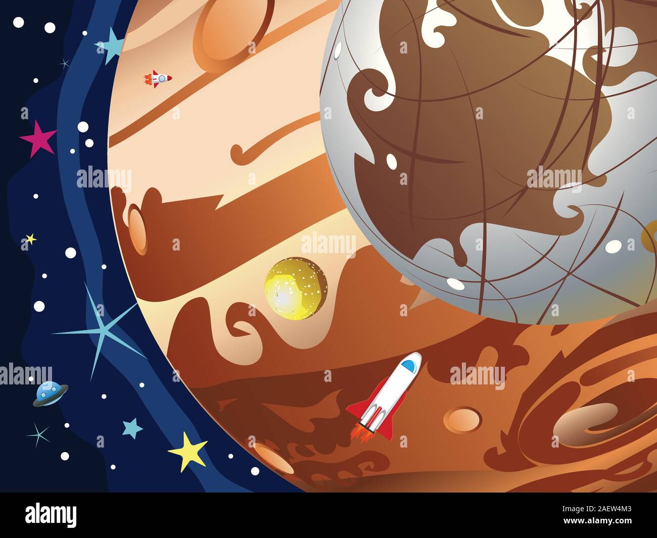 Cartoon planet Jupiter in the space with stars and shuttles Stock ...