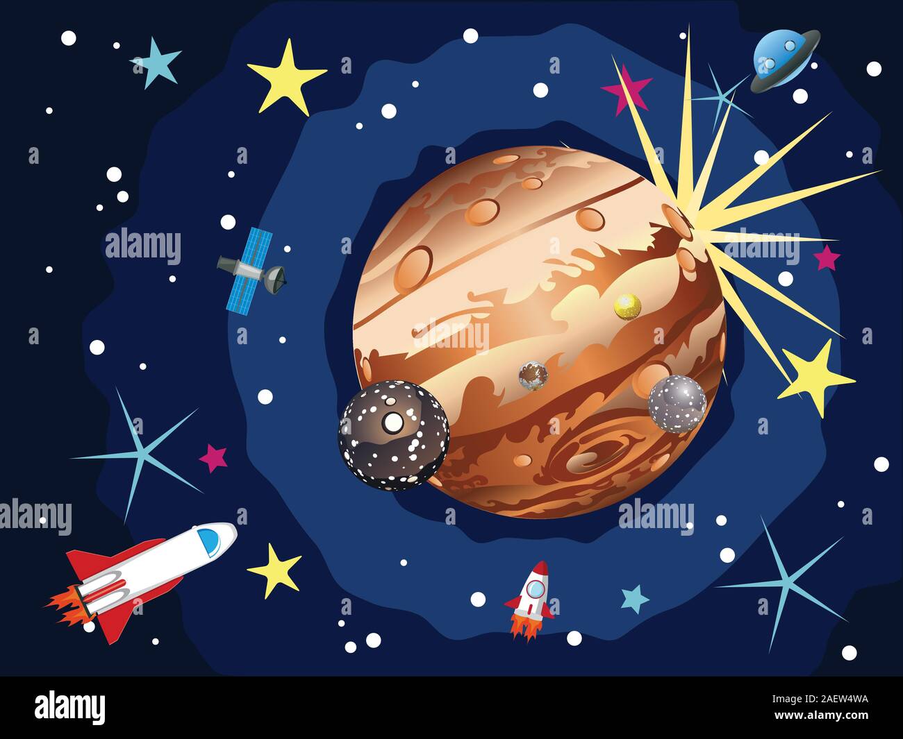 Cartoon planet Jupiter in the space with stars and shuttles Stock ...