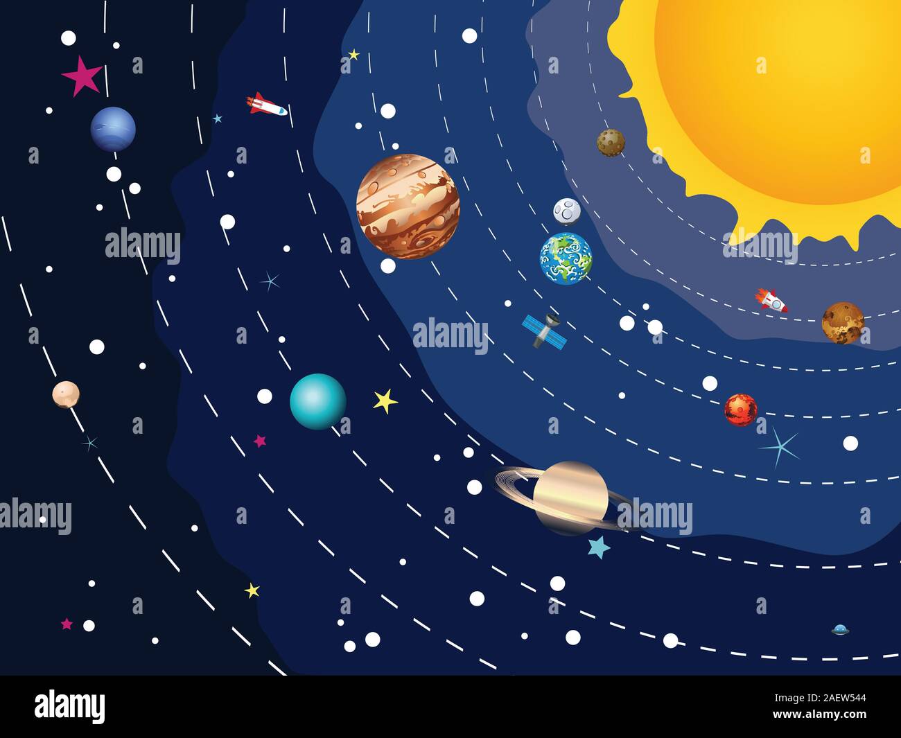 Cartoon illustration of solar system and planets around sun Stock ...