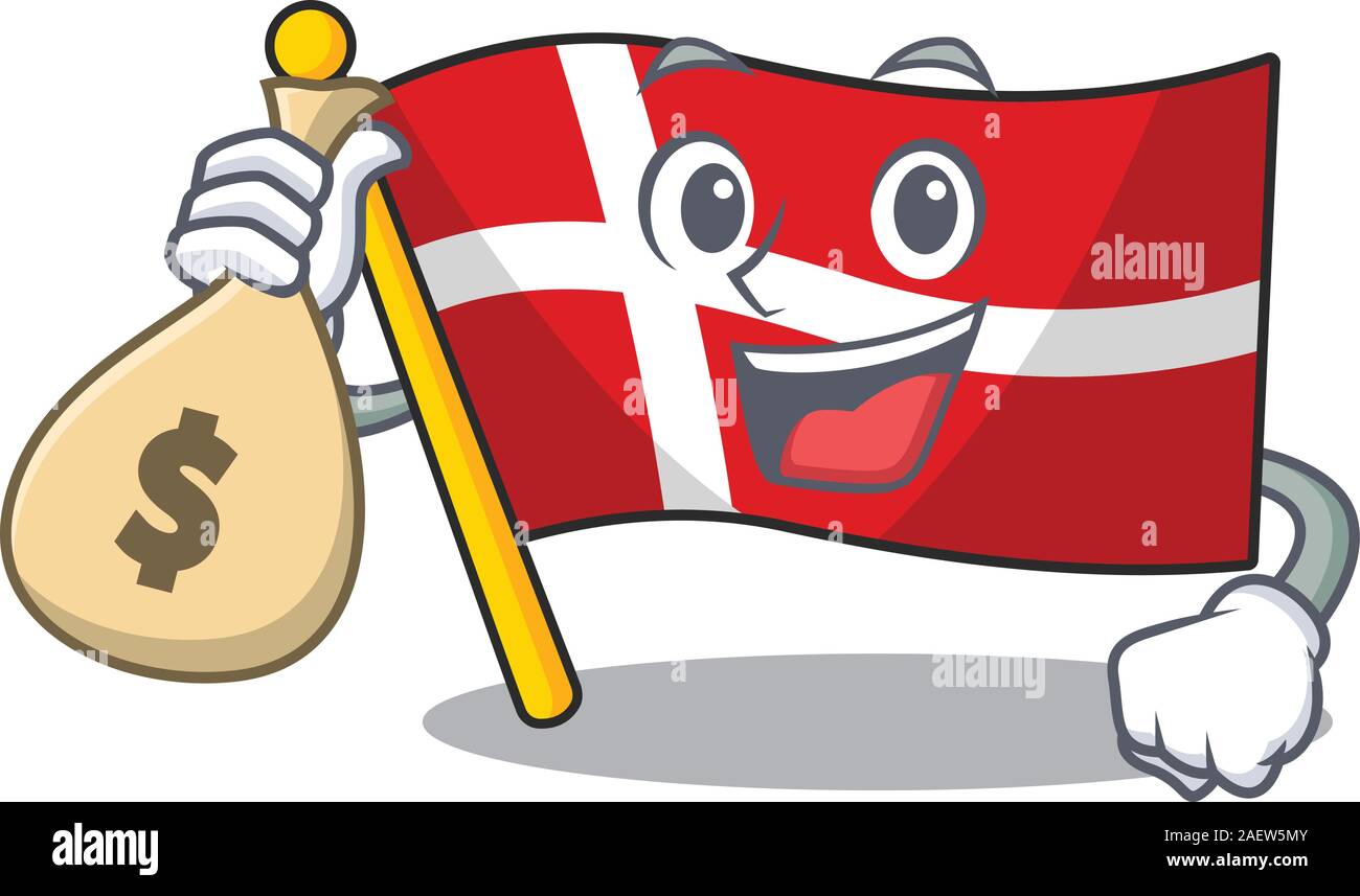 Cute flag denmark cartoon character smiley with money bag Stock Vector ...