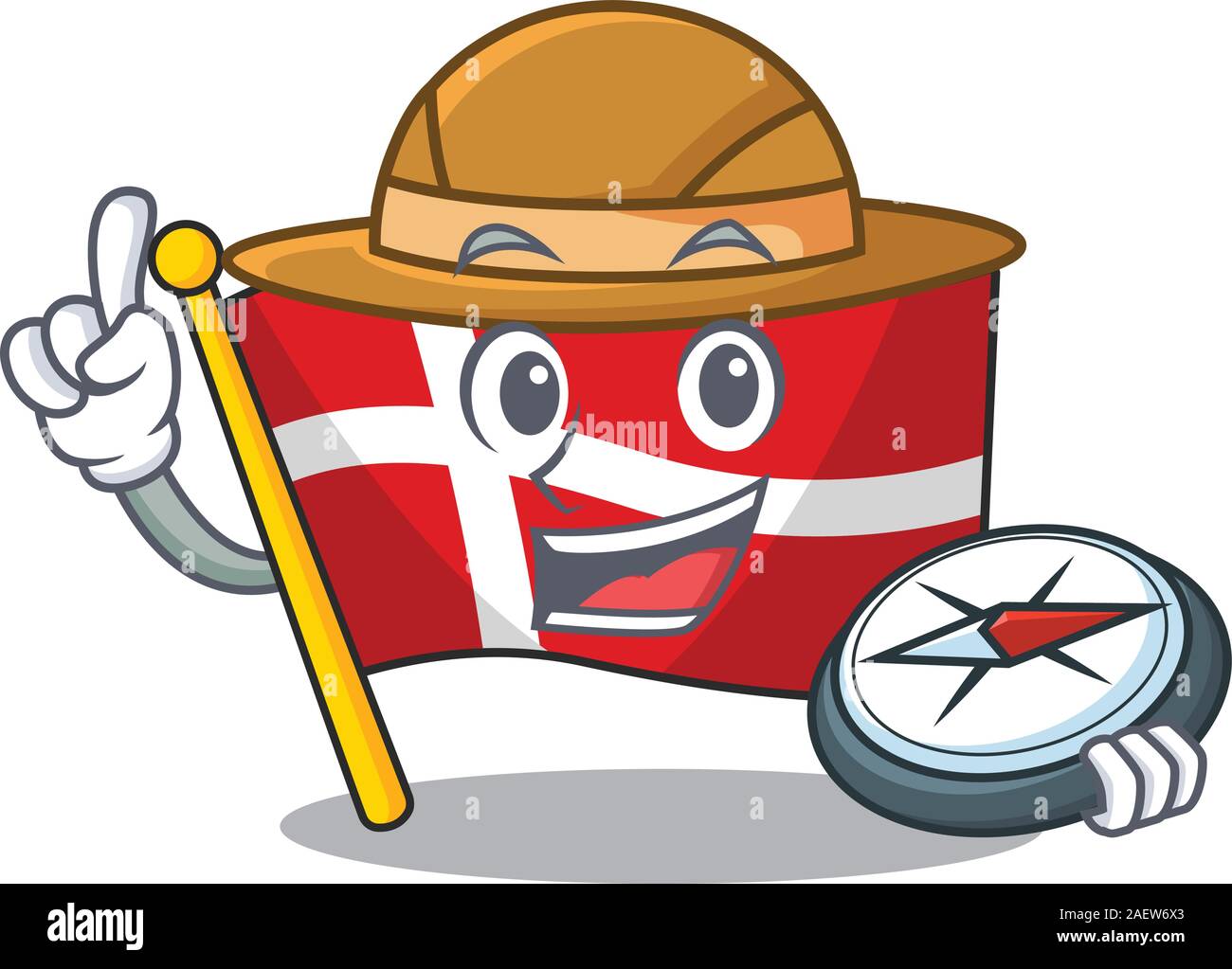 Explorer flag denmark cartoon character holding a compass Stock Vector ...