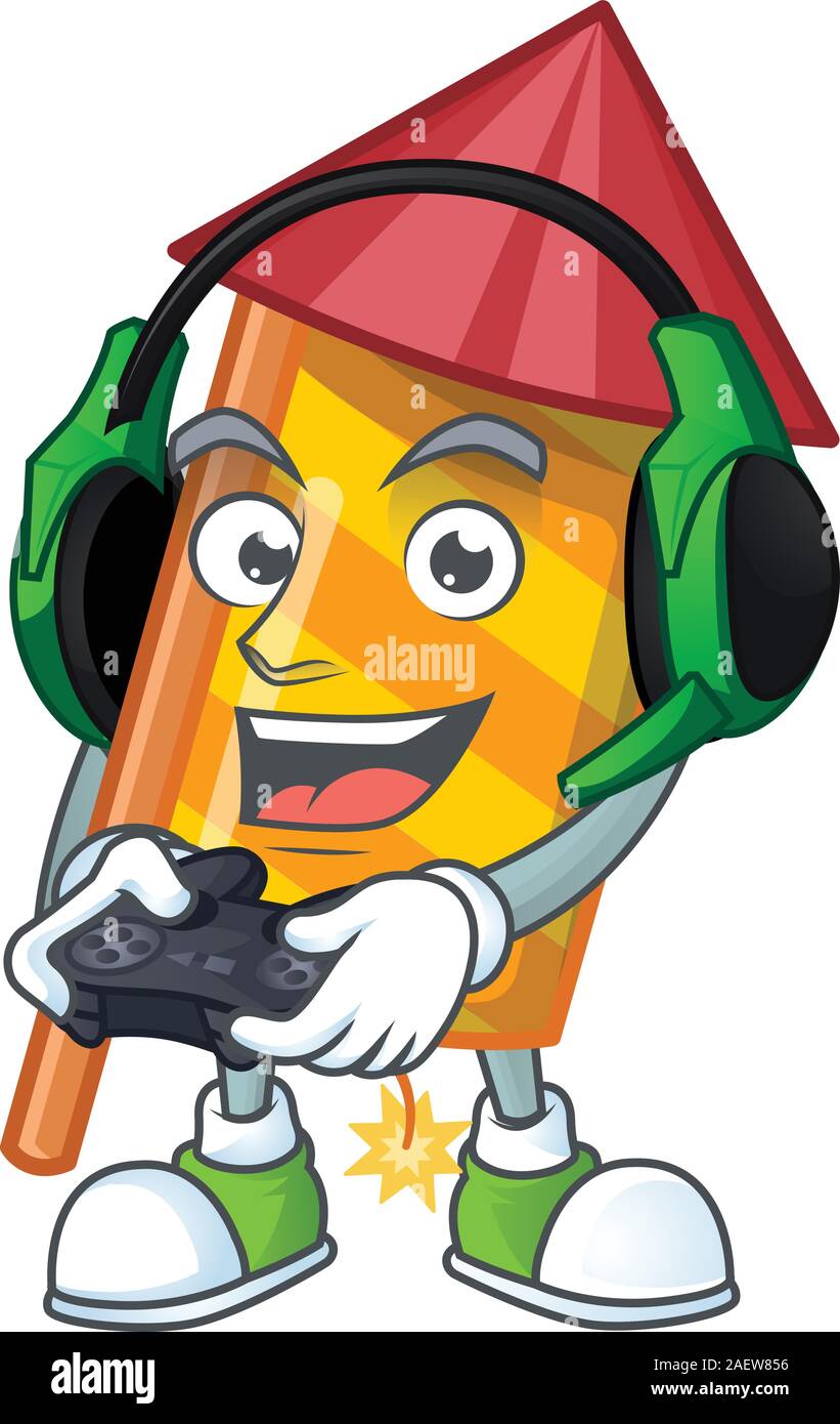 Gamer yellow stripes fireworks rocket cartoon character with headphone ...