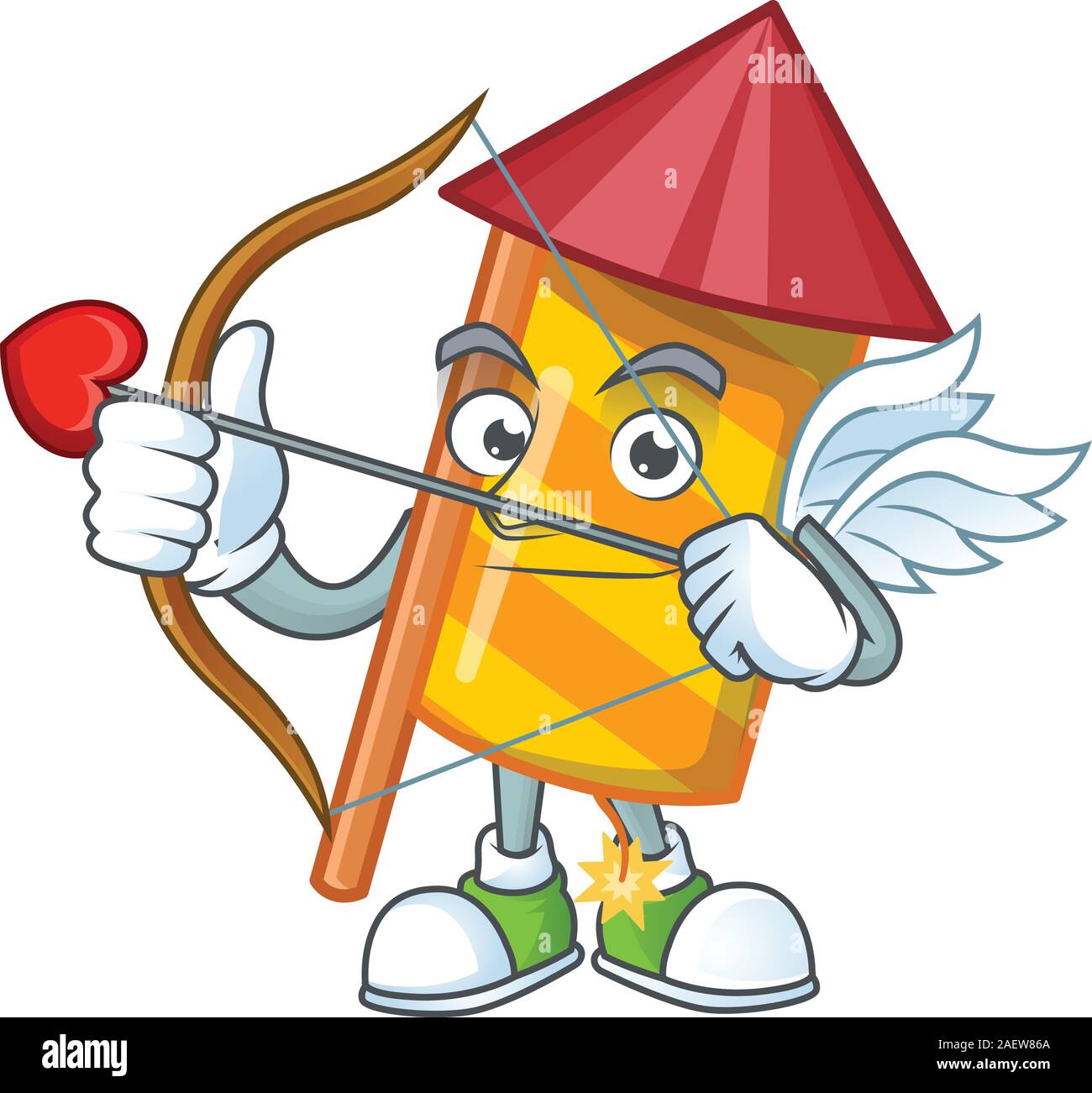 Cute yellow stripes fireworks rocket Cupid cartoon character with arrow ...