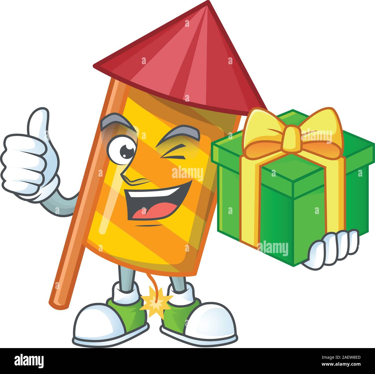 cartoon character of happy yellow stripes fireworks rocket with gift ...
