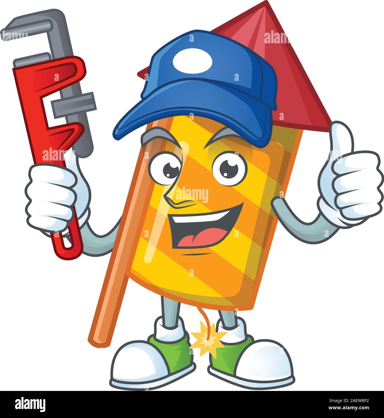 Plumber yellow stripes fireworks rocket on cartoon character mascot ...