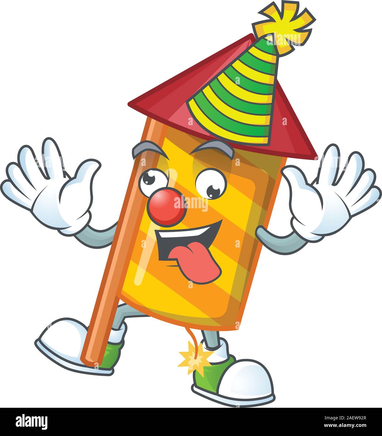 Cute Clown yellow stripes fireworks rocket placed on cartoon character ...