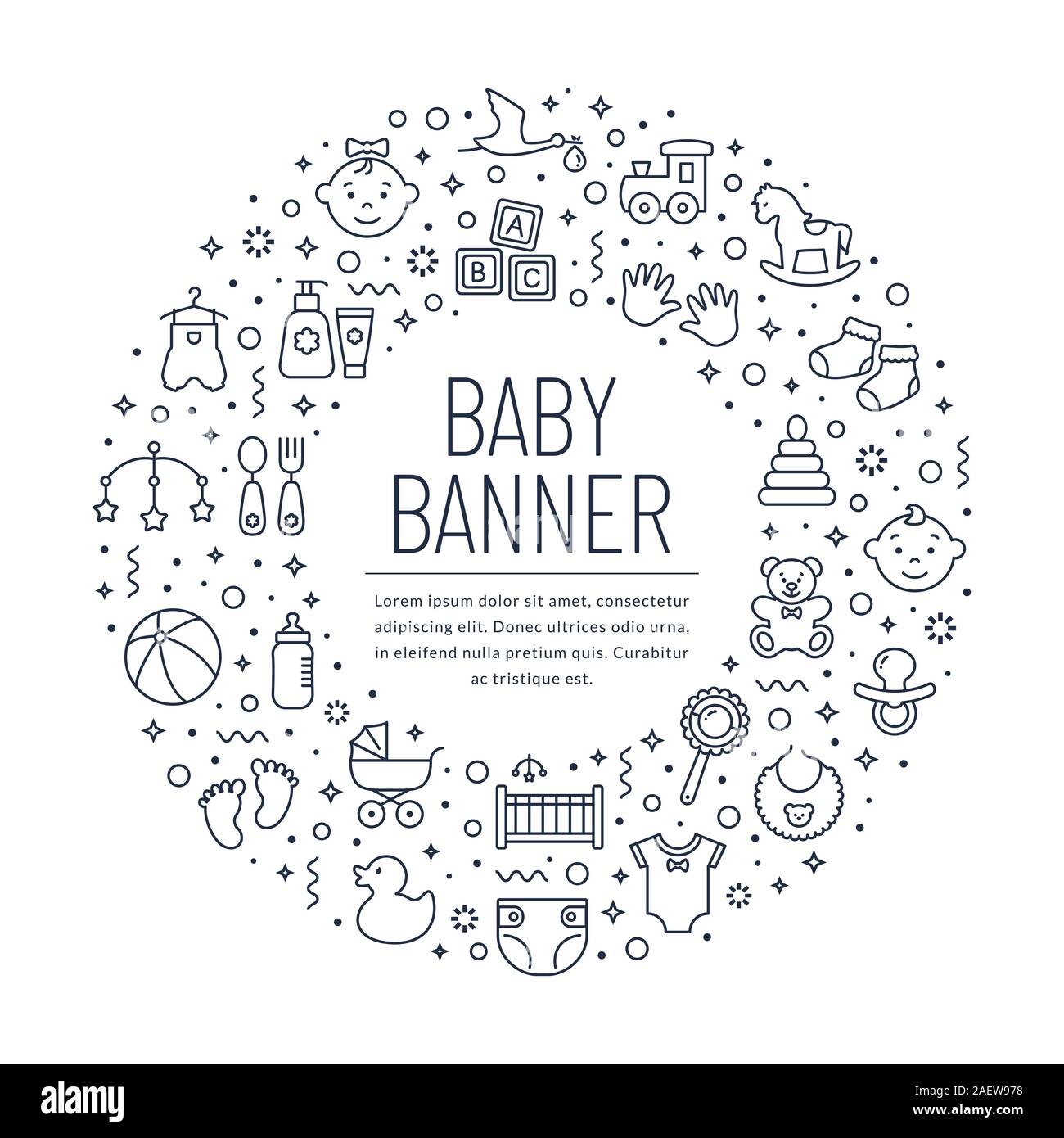 Baby banner with line icons. Children's toys and clothes, newborn and ...