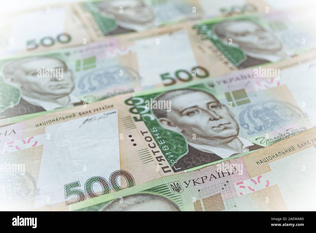 Money of Ukraine. Several Ukrainian hryvnia banknotes. UAH. Hryvnia 500 ...