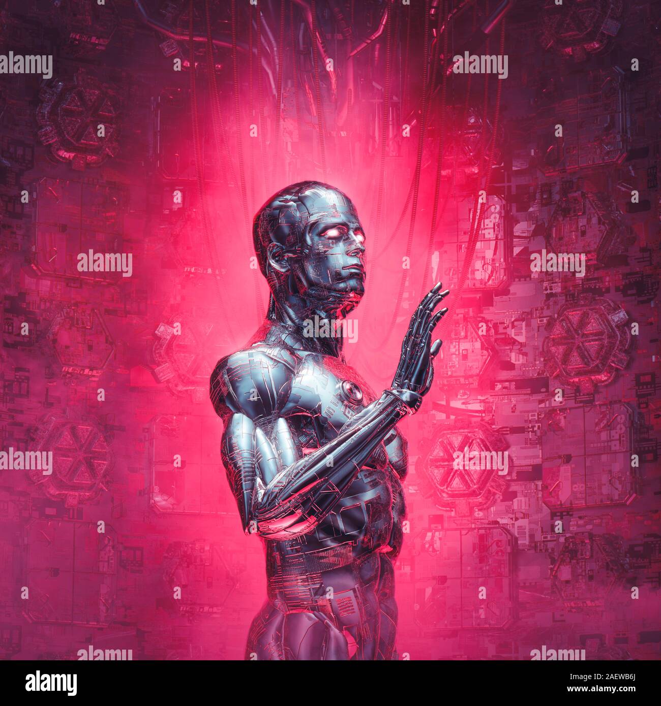 Cybernetic visions reboot / 3D illustration of futuristic metallic ...