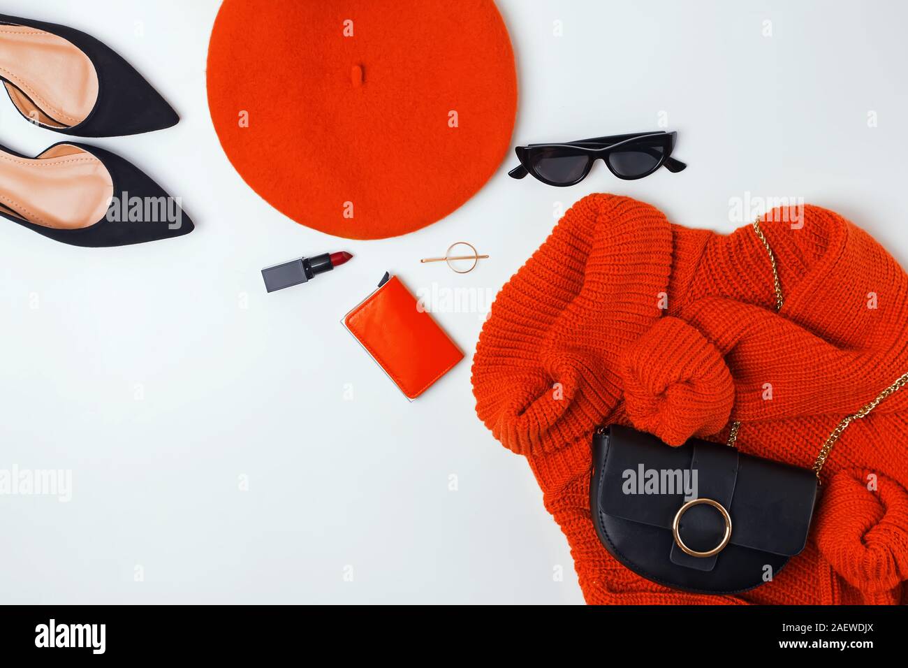 Stylish female clothes and accessories set, top view Stock Photo - Alamy