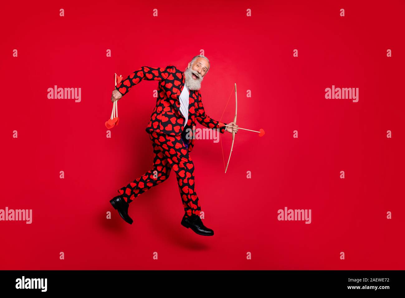 Full length profile photo of funky crazy aged guy cupid jumping up high ...