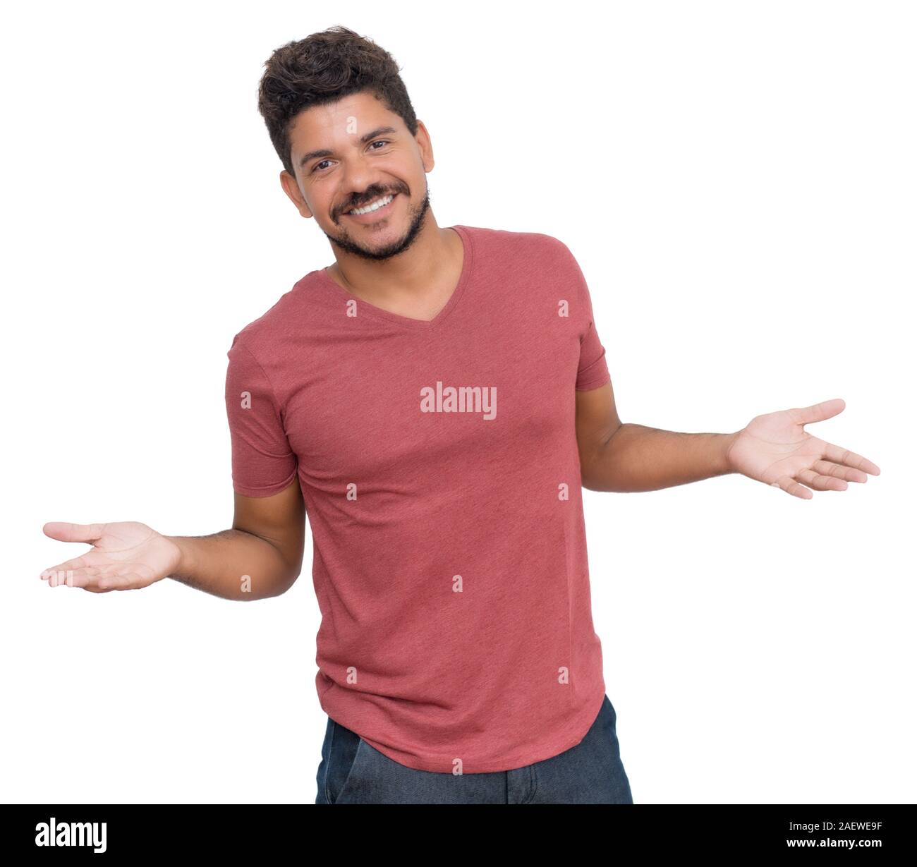 Friendly hispanic man with beard and dark hair on isolated white ...