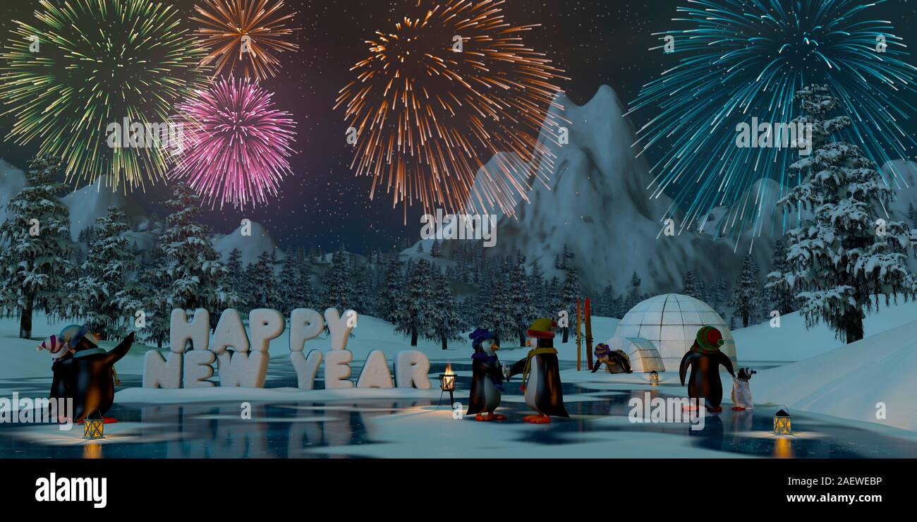 Fireworks over a frozen lake in a snowy mountain landscape with ...