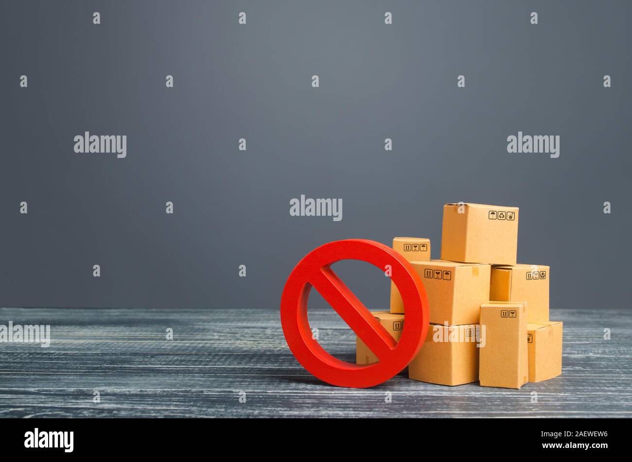 Cardboard boxes and red prohibition symbol NO. Out of stock. Embargo ...