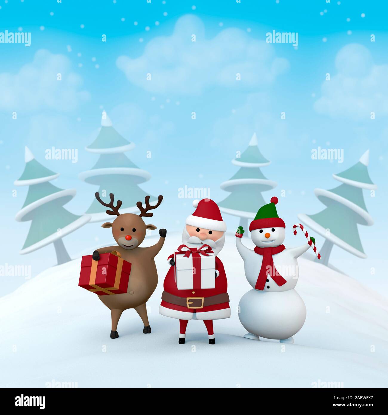 Santa Claus, a reindeer and a snowman holding Christmas gifts in a ...