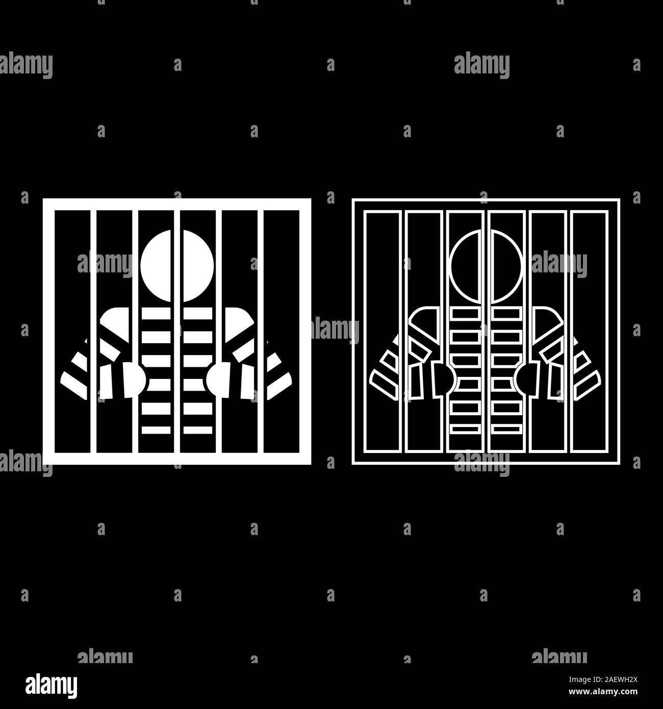 Prisoner behind bars holds rods with his hands Angry man watch through ...