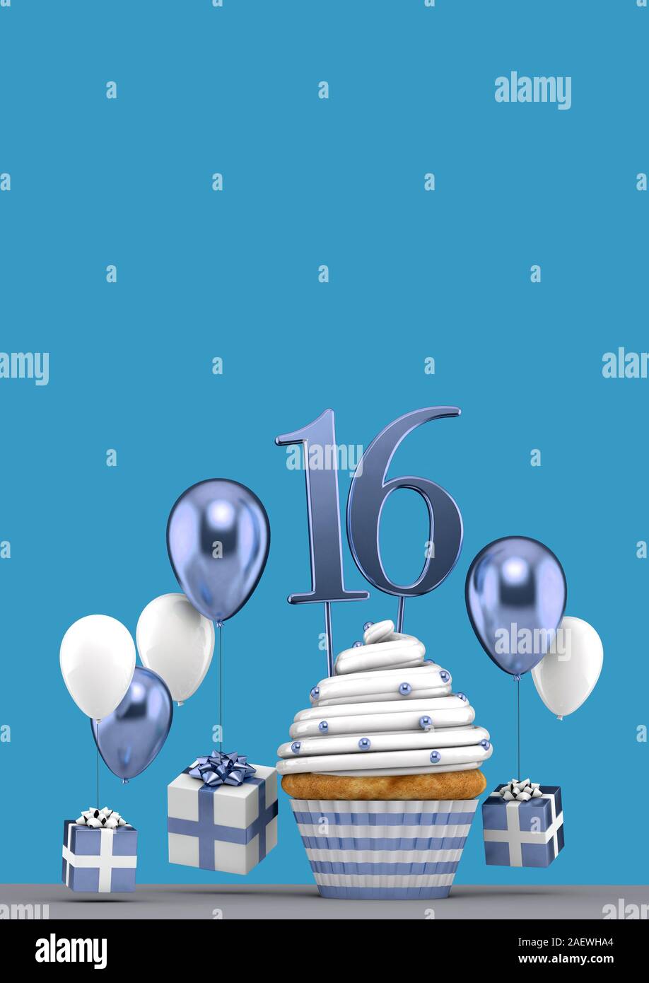 Number 16 blue birthday cupcake with balloons and gifts. 3D Render ...