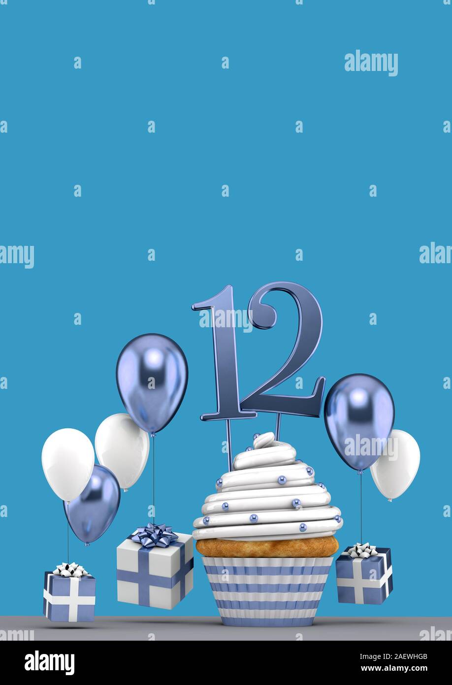 Number 12 blue birthday cupcake with balloons and gifts. 3D Render ...