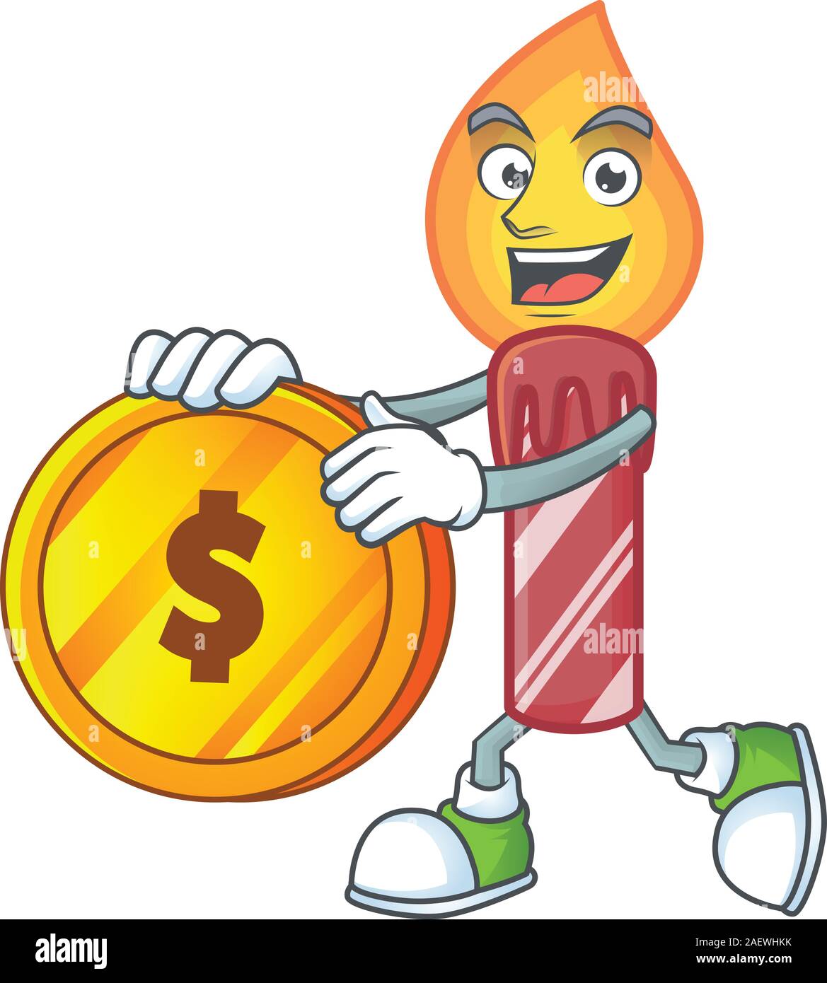 happy red stripes candle cartoon character with gold coin Stock Vector ...