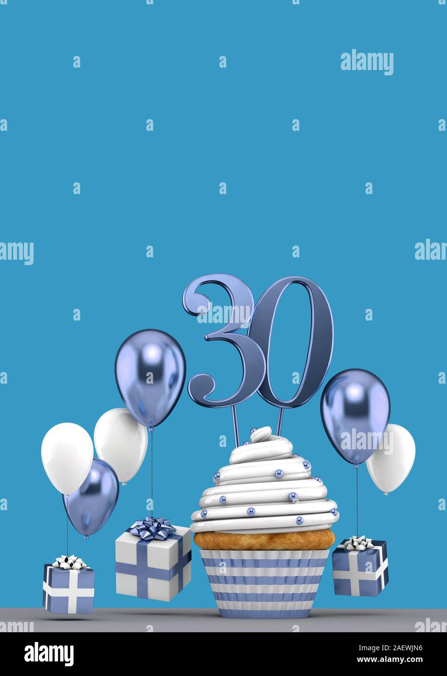 Number 30 blue birthday cupcake with balloons and gifts. 3D Render ...