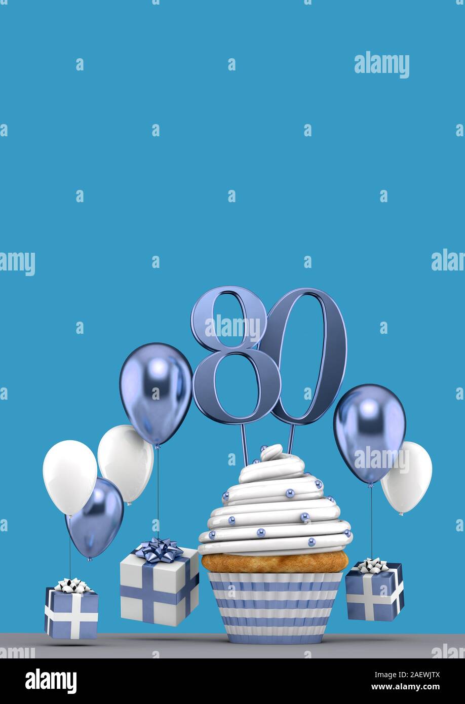 Number 80 blue birthday cupcake with balloons and gifts. 3D Render ...