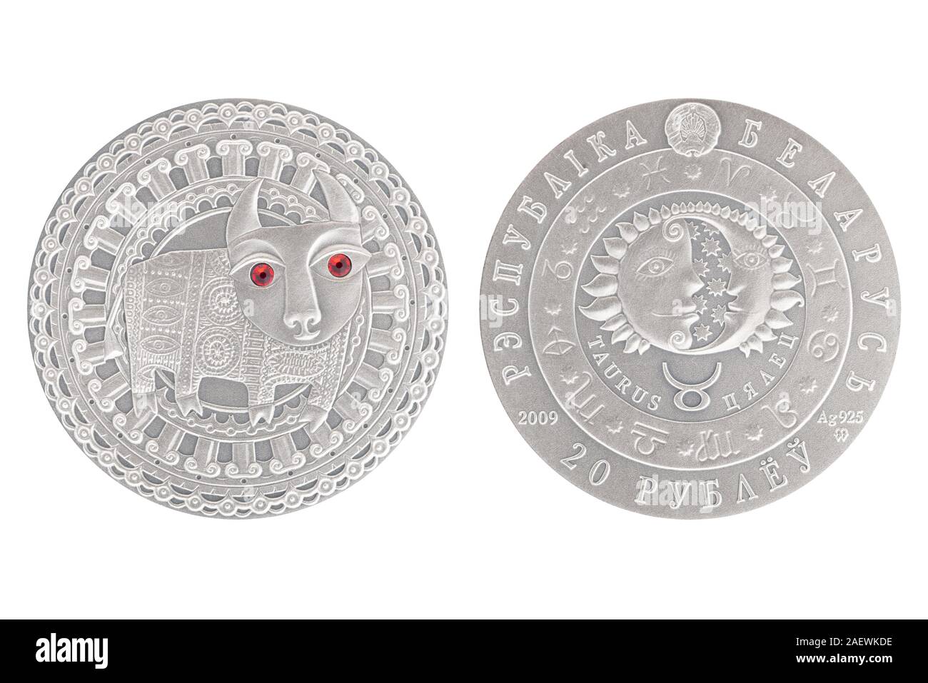 Taurus Belarus silver coin 2009 isolated white background Stock Photo ...
