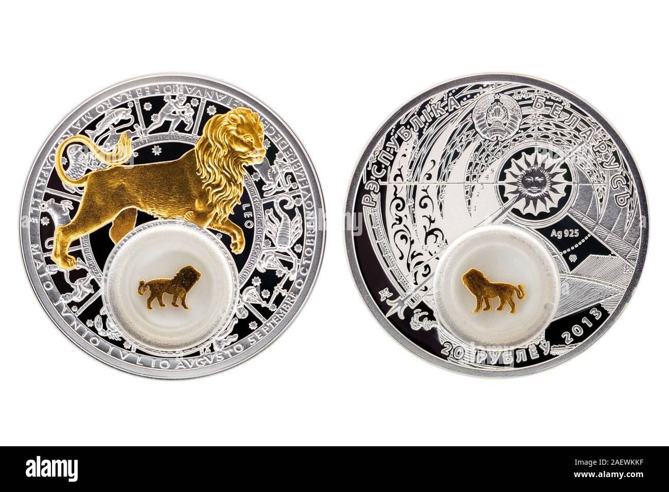 Belarus silver coin 2013 astrology Leo isolated white background Stock ...