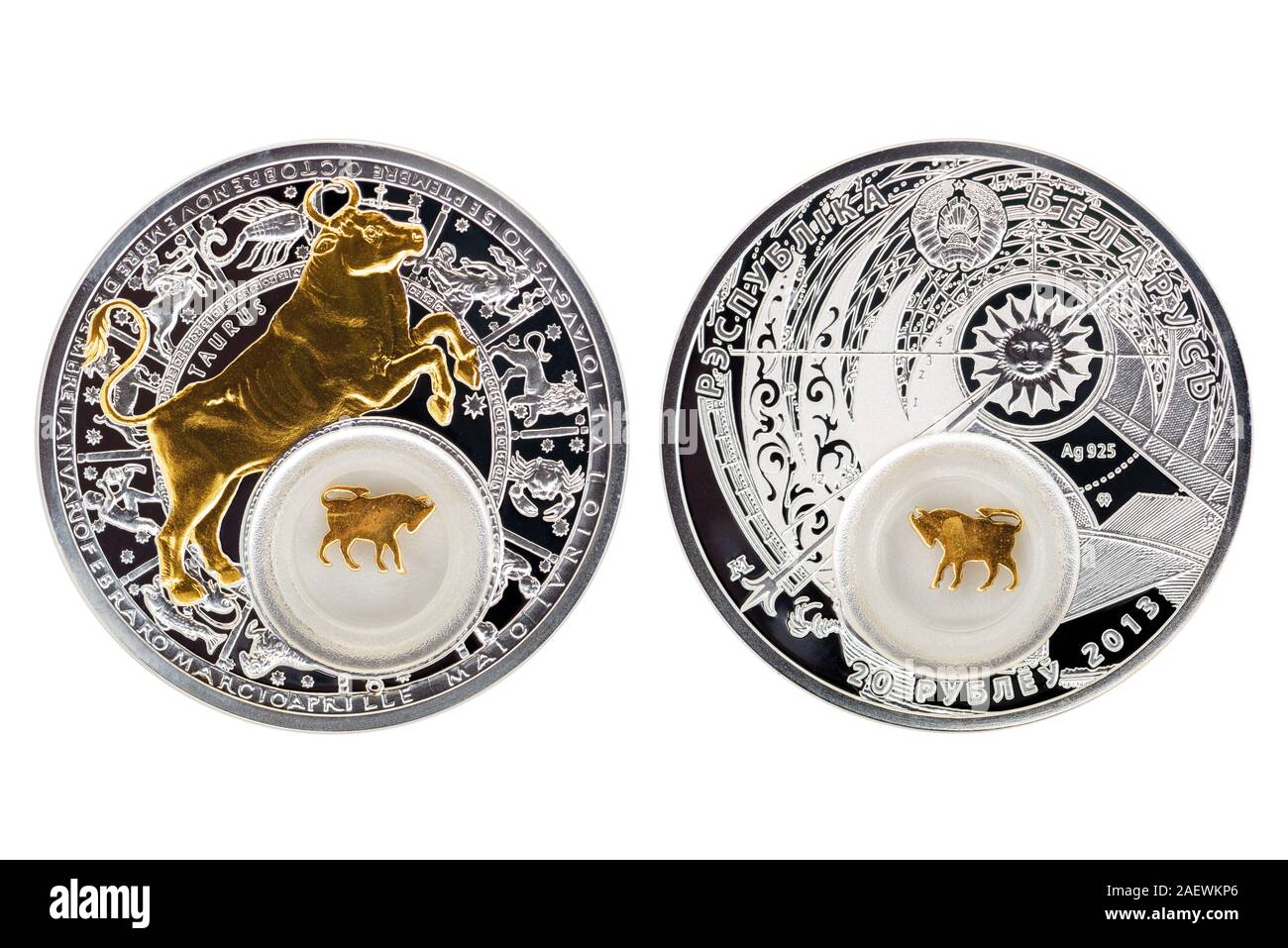 Belarus silver coin 2013 astrology Taurus isolated white background ...
