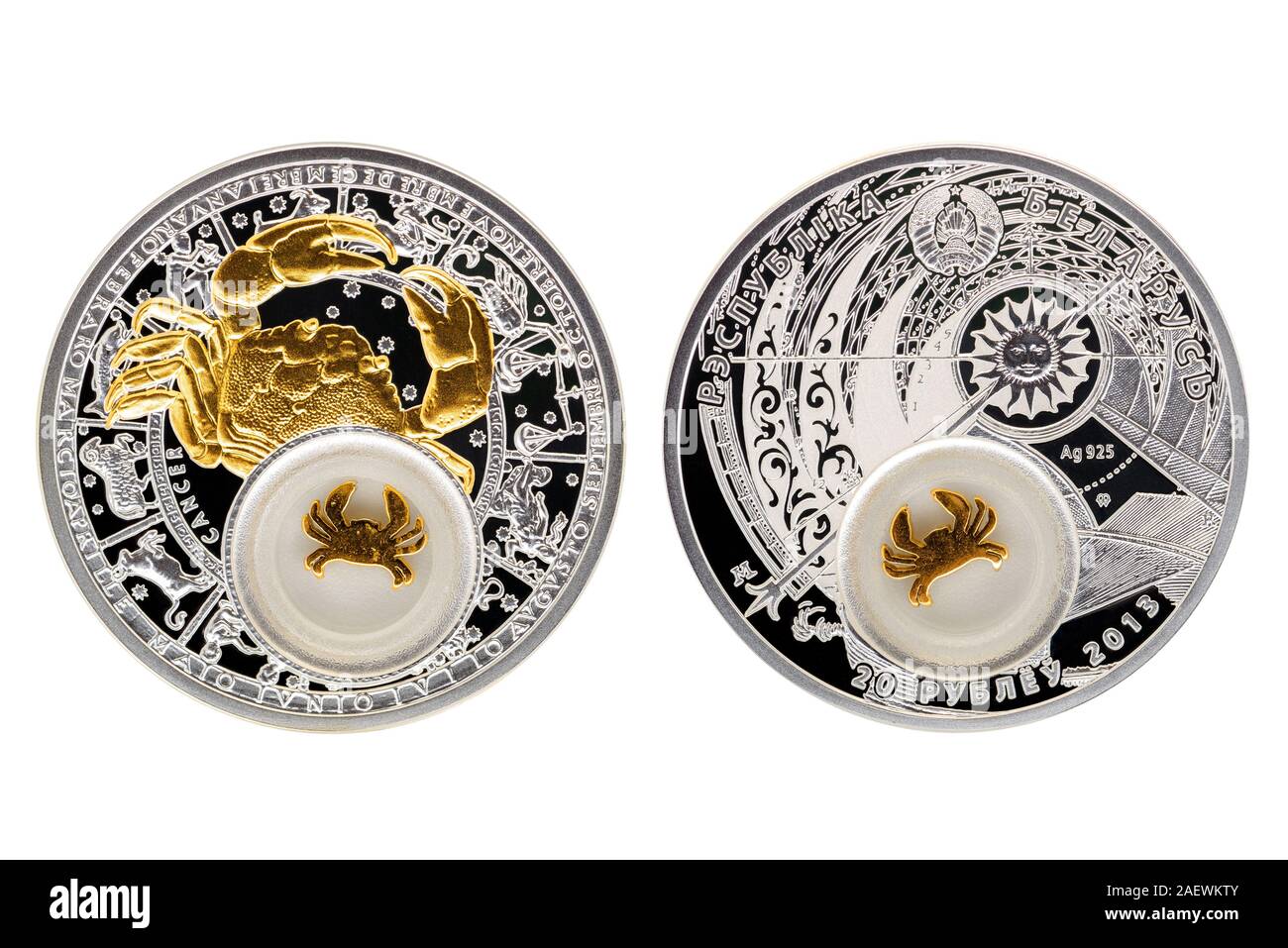Belarus silver coin 2013 astrology Cancer isolated white background ...