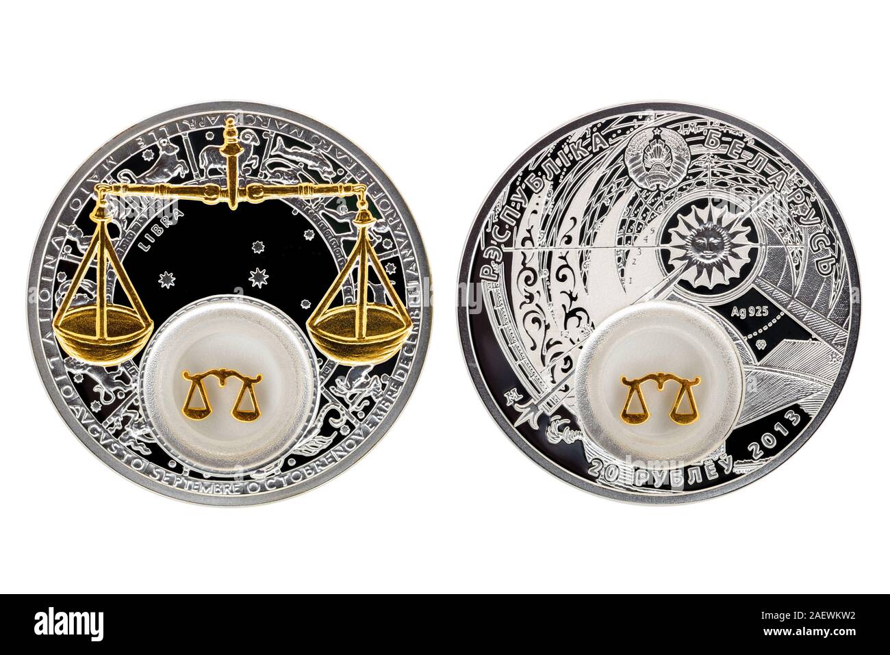 Belarus silver coin 2013 astrology Libra isolated white background ...