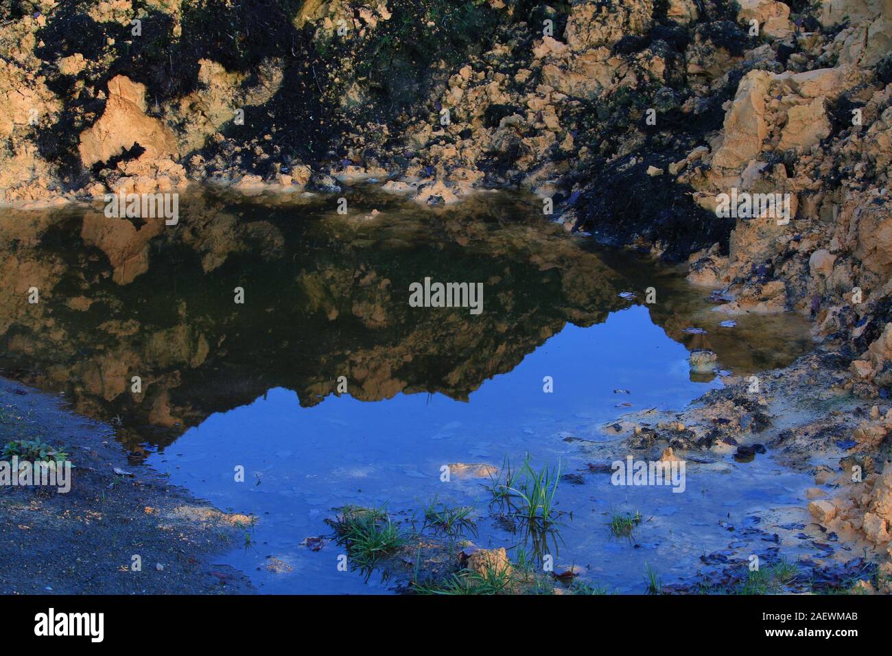 yellow clay is reflected in a puddle Stock Photo - Alamy
