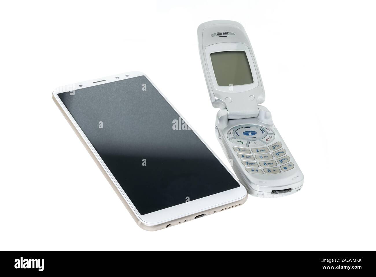 Two Phones - old phone and new smartphone isolated white background ...