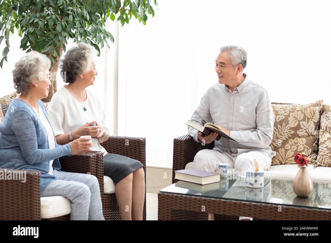 Happy senior friends talking in living room Stock Photo - Alamy