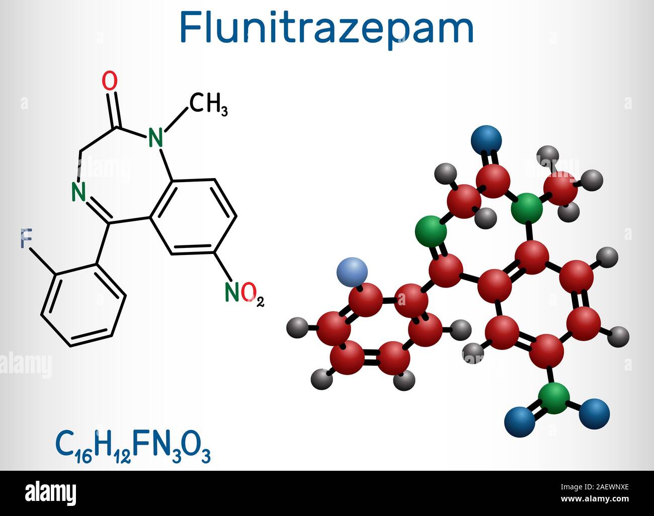 Flunitrazepam drug molecule. It has hypnotic, sedative, anxiolytic ...