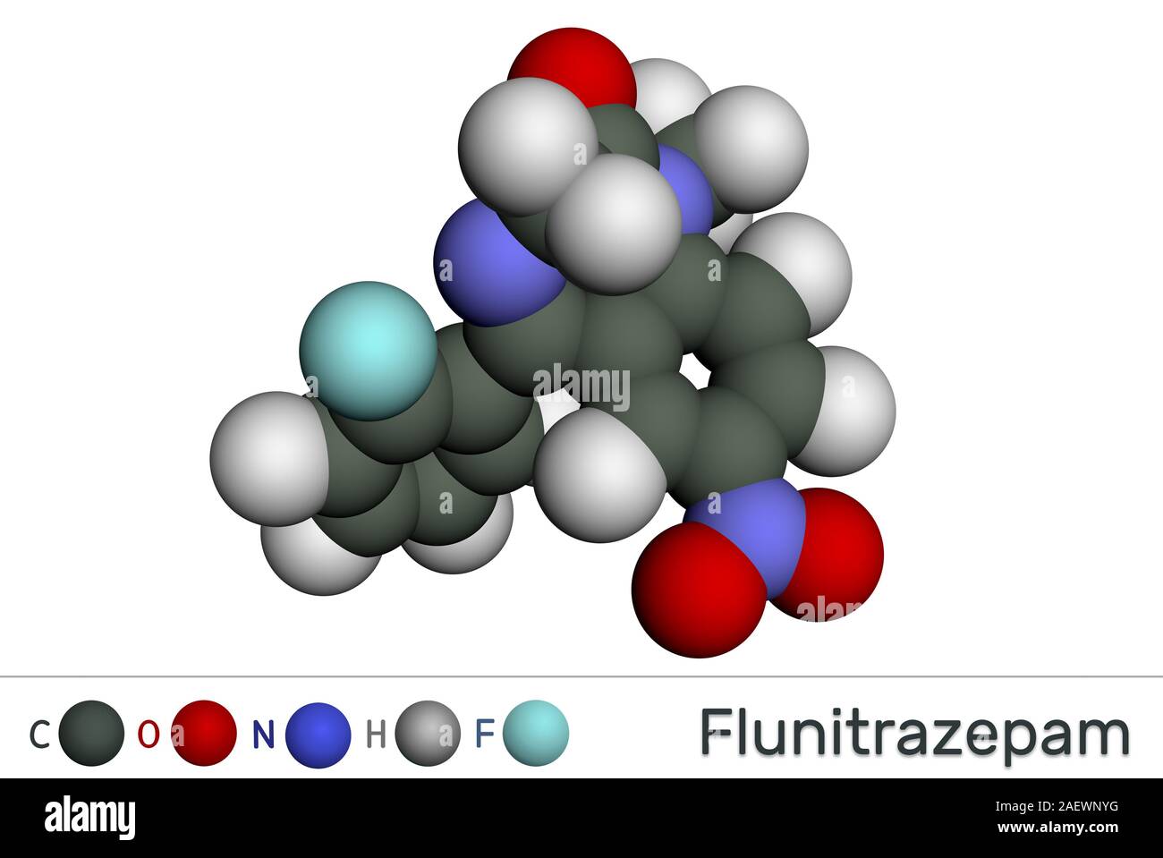 Flunitrazepam drug molecule. It has hypnotic, sedative, anxiolytic ...