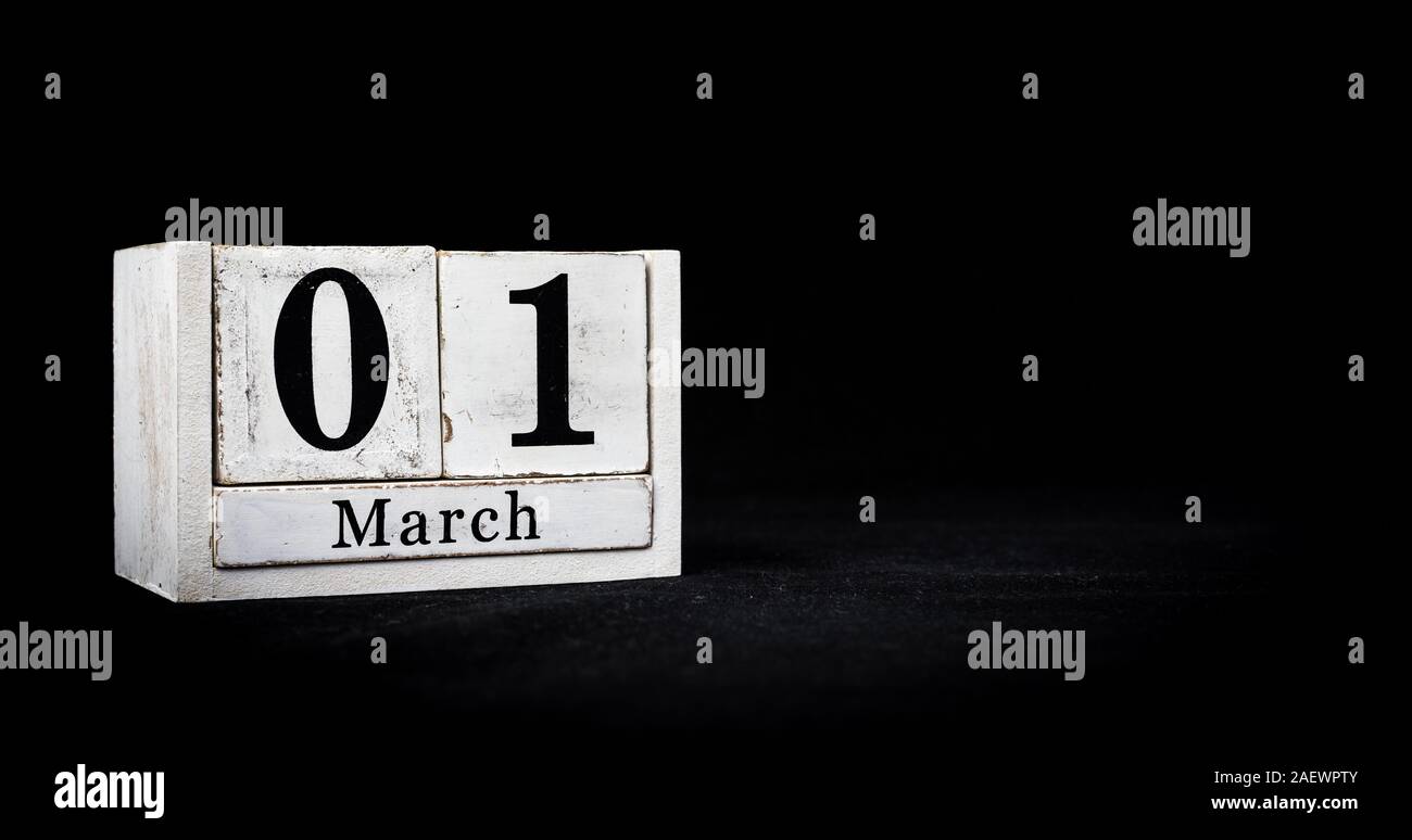 March 1st, First of March, Day 1 of month March - white calendar blocks ...