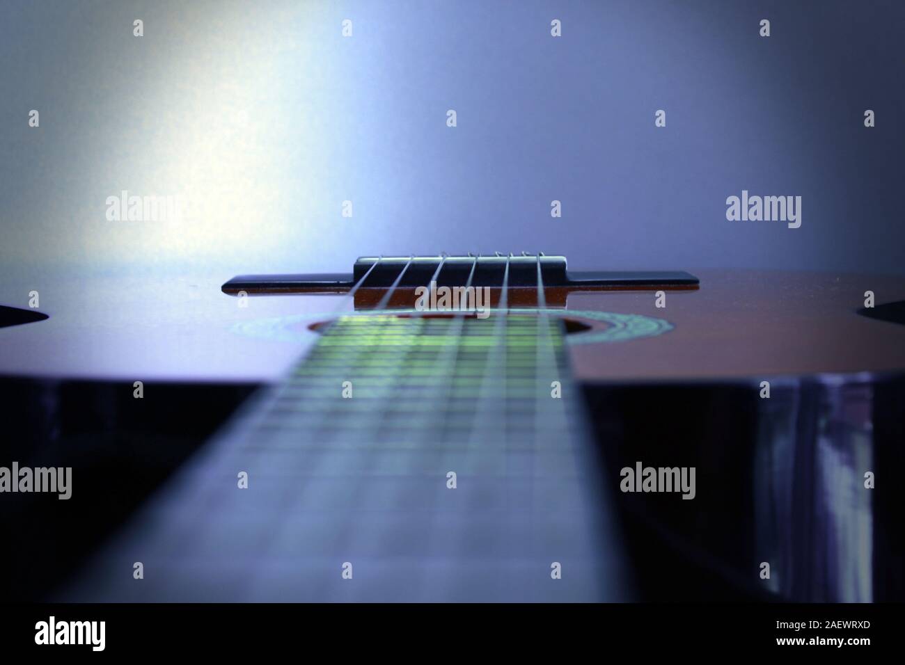 ew over the guitar neck to the guitar bridge with the six strings Stock ...