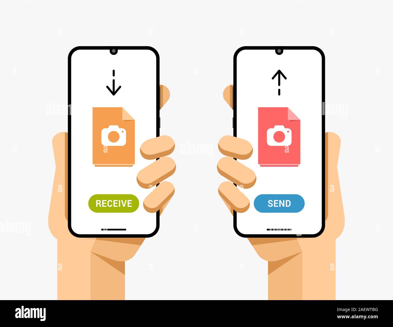 Smartphone mockup in human hand. Wireless send and receive picture file ...