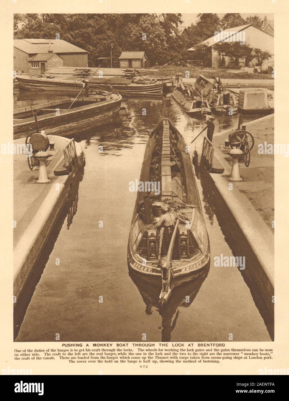 Pushing a monkey boat through the lock at Brentford. Canal boat 1926 ...