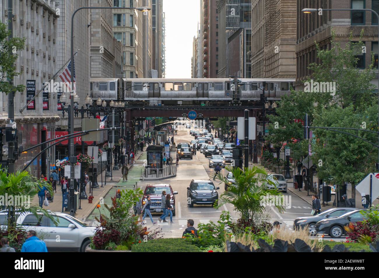 Chicago, IL, USA - Circa 2019: View down busy street in downtown as ...